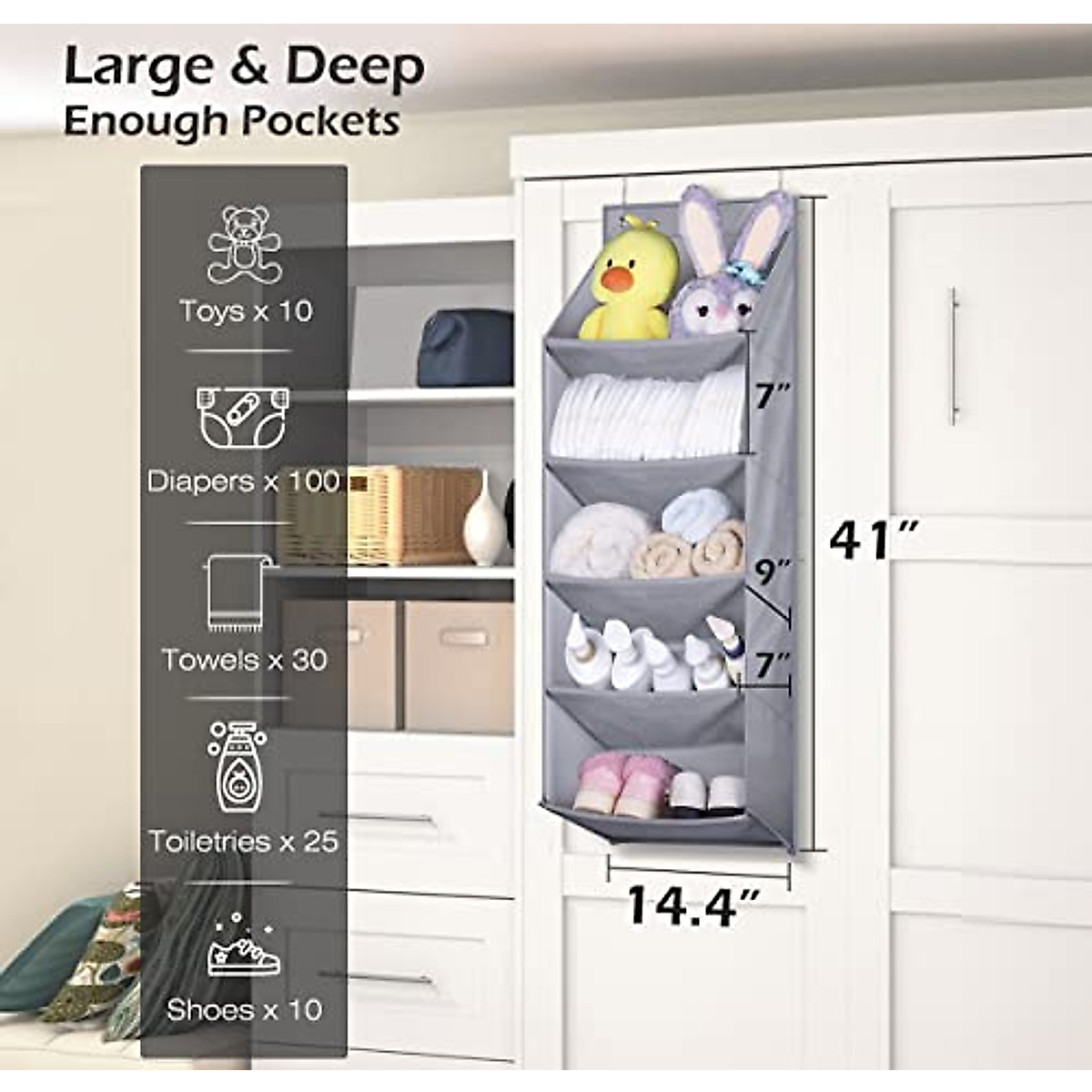 MISSLO Narrow Over the Door Organizer with Deep Pocket - 2 Pack Behind the Door Storage Organizer Rack for Baby Diaper, Shoe, Closet, Bathroom, Bedroom, Pantry, Nursery, Gray
