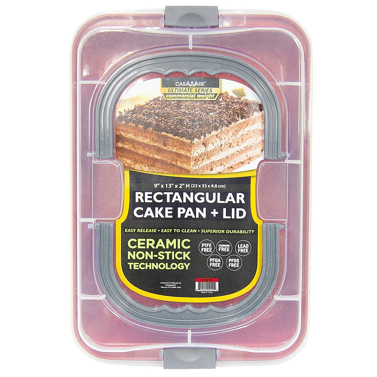 casaWare 9 x 13 x 2-inch Covered Rectangular Cake Pan with Wide Handles (Red Granite)