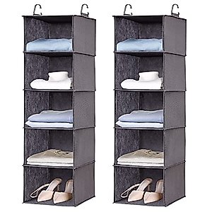 ROYFACC Hanging Closet Organizer 5-Shelf Collapsible Hanging Closet Shelves Hanging Storage Organizer for Closet with 2 Metal Hooks, 2 Pack (Grey, 5 Shelves)