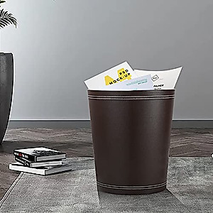 KINGFOM Classic Pu Leather Trash Can Wastebasket, Garbage Container Can for Bathrooms, Powder Rooms, Kitchens, Home, Office and and High Class Hotel Round Brown