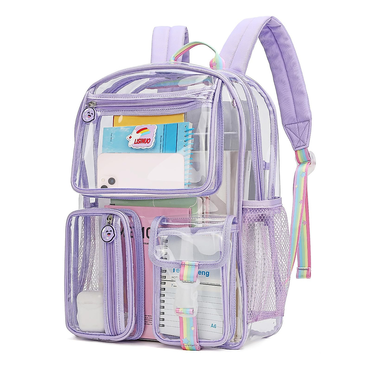 LISINUO Clear Backpack Girl Transparene Backpacks See Through Book Bag for Women Heavy Duty Pvc Mesh Bag Cute Girls Bookbags(Purple)