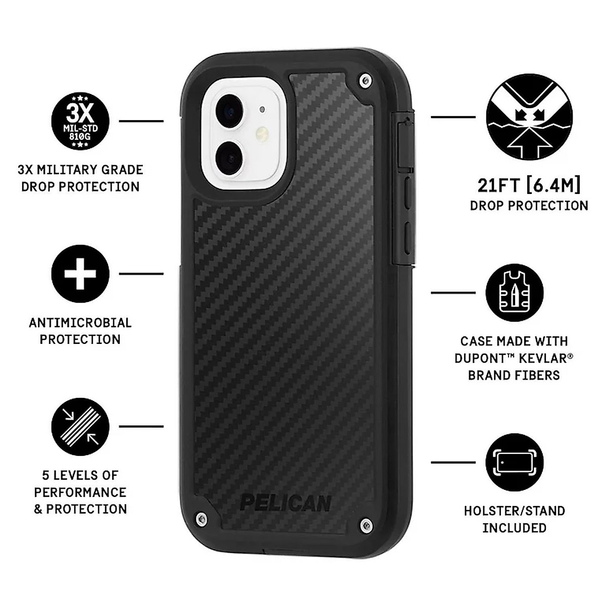 Pelican Shield Case for iPhone 12 Mini - Kevlar Series Rugged Protection, Wireless Charging Compatible, 3X Military Grade Drop Protection, Shockproof - Includes Belt Clip Holster/Stand - Black