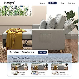 Esright 40 Inch Sleeper Chair Bed 3-in-1 Convertible Futon Multi-Functional Sofa Bed Adjustable Reading Chair with Modern Linen Fabric, Light Grey