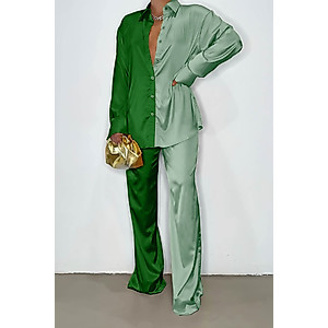 PRETTYGARDEN Women's 2 Piece Satin Outfits Long Sleeve Button Down Tops Wide Leg Pants Silk Loungewear Pajama Sets (Grass Green_Light Green,Medium)