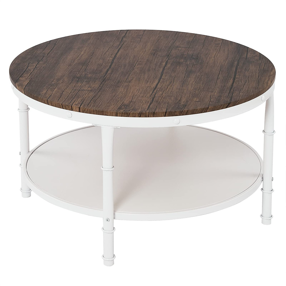 VINGLI 31.5" Dark Walnut White Round Farmhouse Coffee Table, 2-Tier Storage Wood Center Circle Accent Table for Living Room, Bedroom, Apartment, Studio and Small Spaces, Sturdy Metal Frame