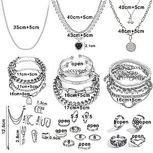 IFKM 36 PCS Silver Plated Jewelry Set with 3 PCS Necklace, 12 PCS Bracelet, 7 PCS Ear Cuffs Earring, 14 Pcs Knuckle Rings for Women Girls Valentine Anniversary Birthday Friendship Gift