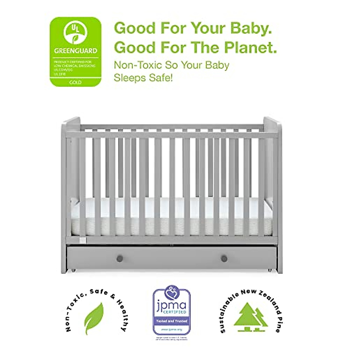 babyGap by Delta Children Graham 4-in-1 Convertible Crib with Storage Drawer TrueSleep Crib and Toddler Mattress (Bundle), Grey/Dark Grey