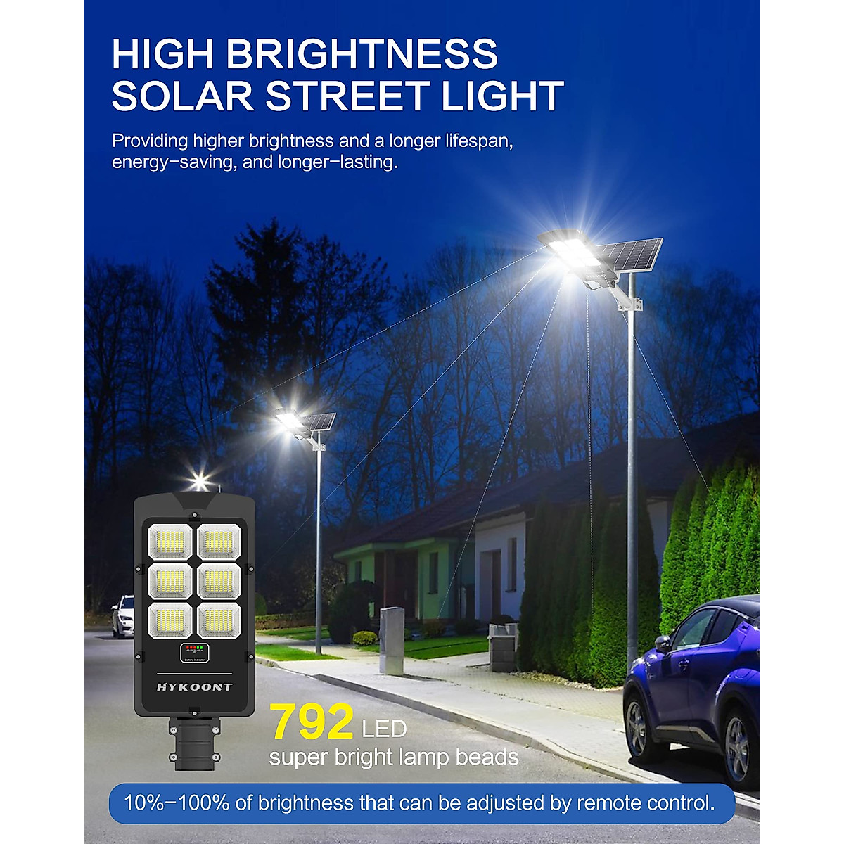 HYKOONT 1000W Solar Street Lights Outdoor 60000 Lumens Dusk to Dawn Waterproof IP66 Motion Sensor Street Lights Solar Powered with Remote Control for Parking Lot, Stadium, Pathway