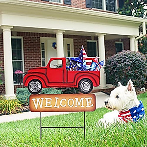 Whaline 4th of July Metal Yard Stakes Patriotic Yard Sign Spring Welcome Garden Stake Interchangeable Red Truck Garden Decor Set with Seasonal Sign Loads for Spring Fall Halloween Christmas, Set of 9