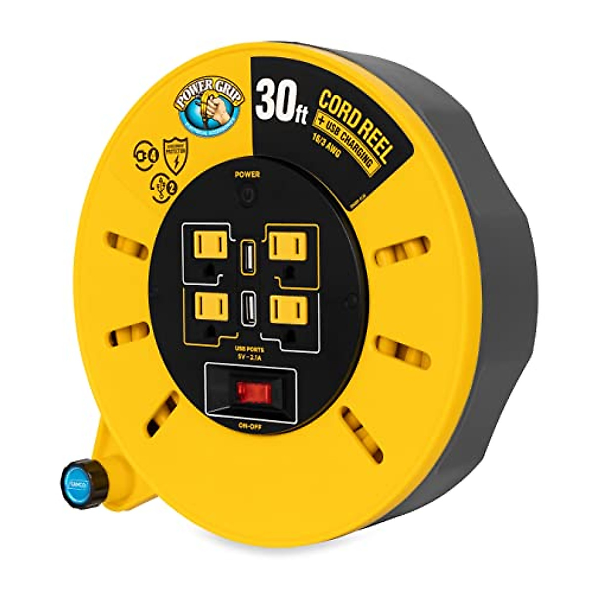 Camco Power Grip 30-Foot Extension Cord Reel with USB Charging Ports | Provides an Extended Length to Power Your Equipment and Devices | Features Multiple Built-in Power Outlets (55290)