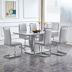 JUFU Modern Dining Table Set for 6,Rectangula Kitchen Table Set with Faux Marble Tabletop＆6 Pu Leather Upholstered Chairs Ideal for Dining Room, Kitchen (Light Grey, 1 Table with 6 Chairs)