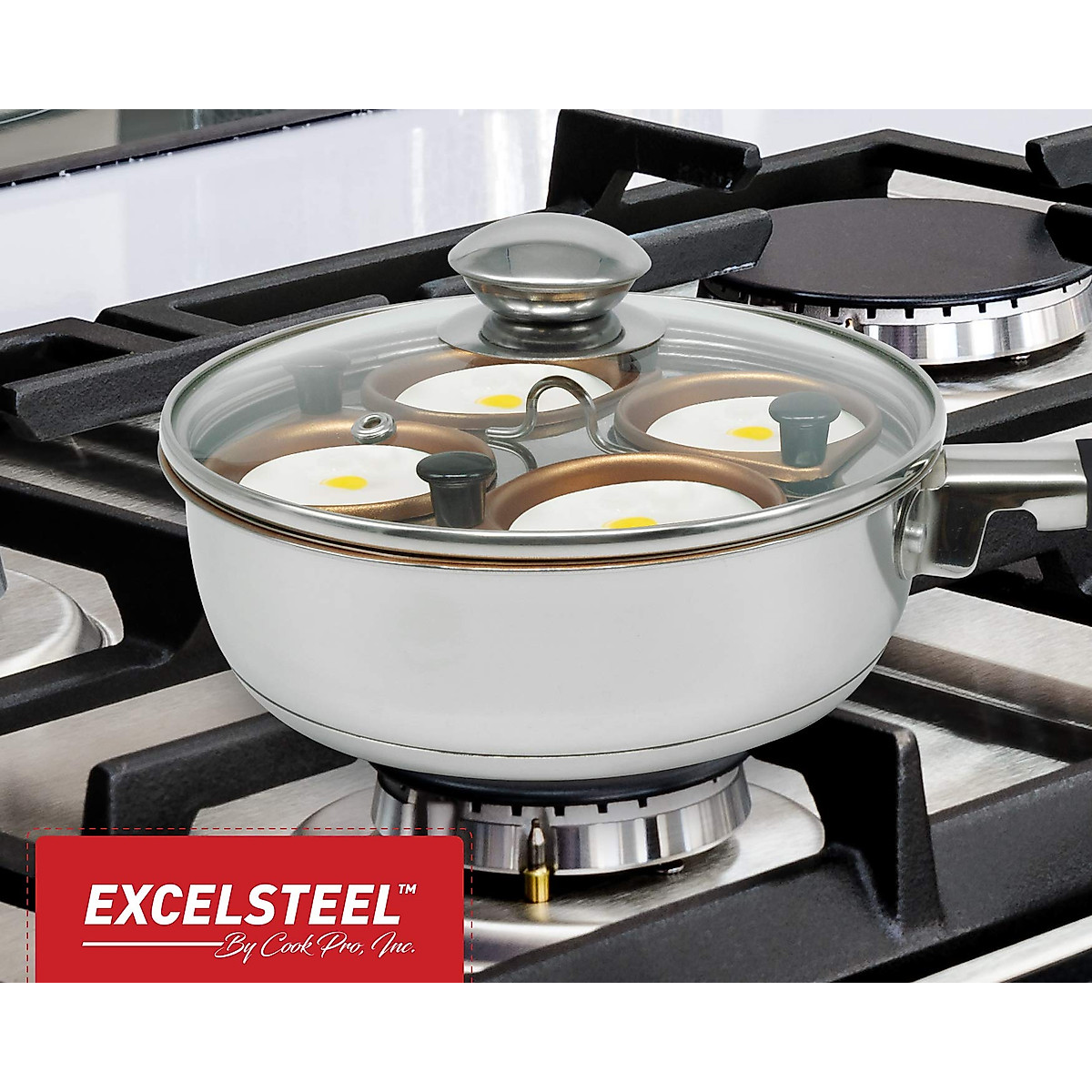 ExcelSteel Non Stick Easy Use Rust Resistant Home Kitchen Breakfast Brunch Induction Cooktop Egg Poacher, 4 Cup, Gold Tone