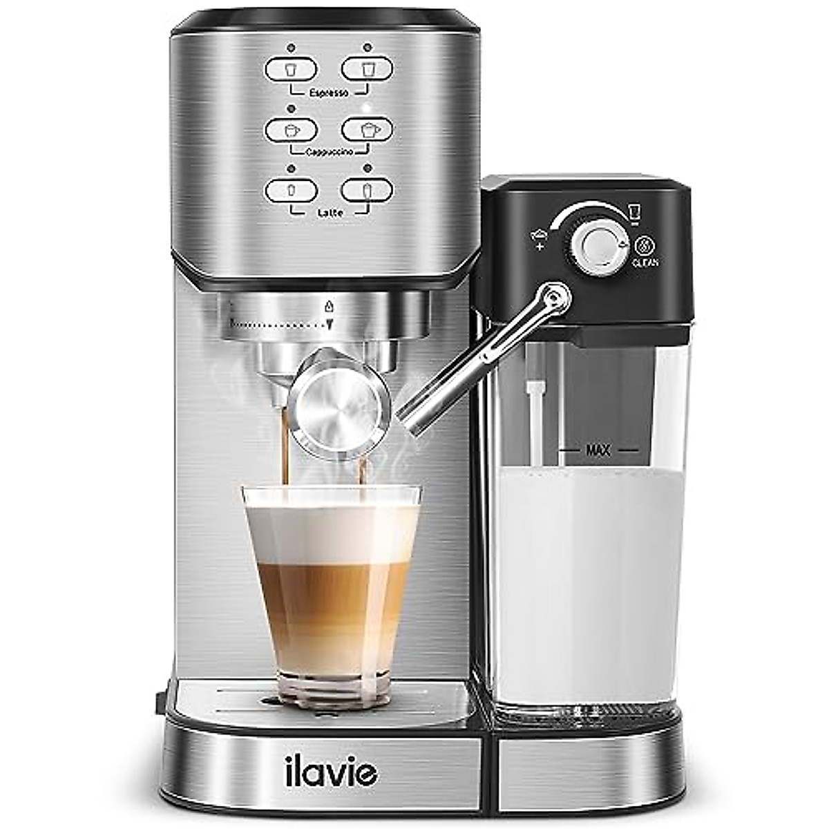 ILAVIE 6-in-1 Espresso Coffee Machine Built-In Automatic Milk Frother, 20 Bar Espresso & Cappuccino & Latte Maker with 34 oz Removeable Water Tank, Ideal for Home Use, Stainless Steel