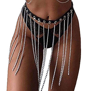 LUDRESS Punk Leather Waist Chain Tassel Dance Skirt Black Belt Belly Chain Hip Body Chain Rave Body Jewelry for Women and Girls