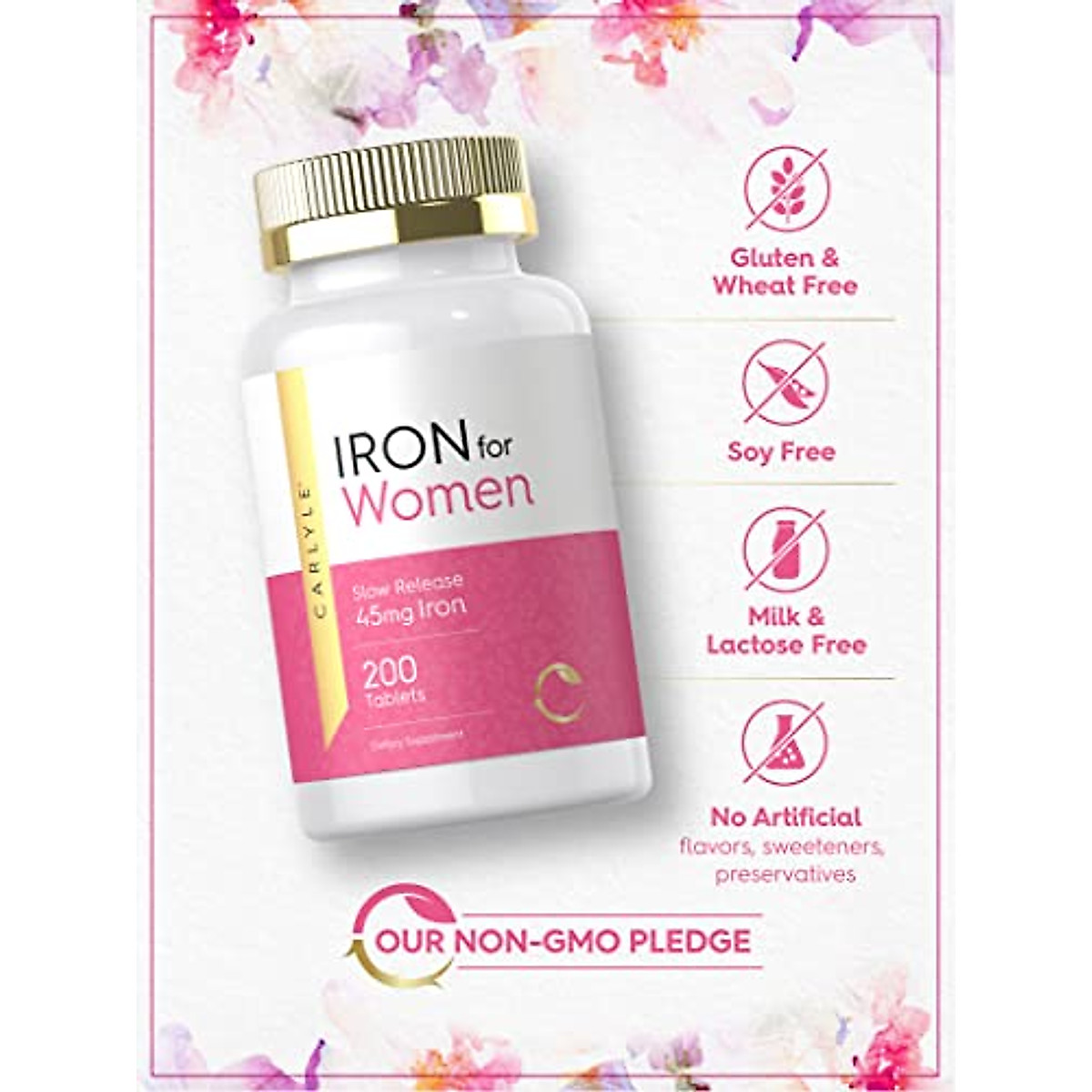 Iron Pills for Women | 45mg | 200 Slow Release Tablets | Vegetarian, Non-GMO, Gluten Free Supplement | by Carlyle