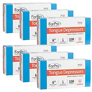 ForPro Professional Collection Senior Tongue Depressors, Large Wax Applicator Sticks, 6" Sized, Sterile, Individually Wrapped, 100 Count, Pack of 6