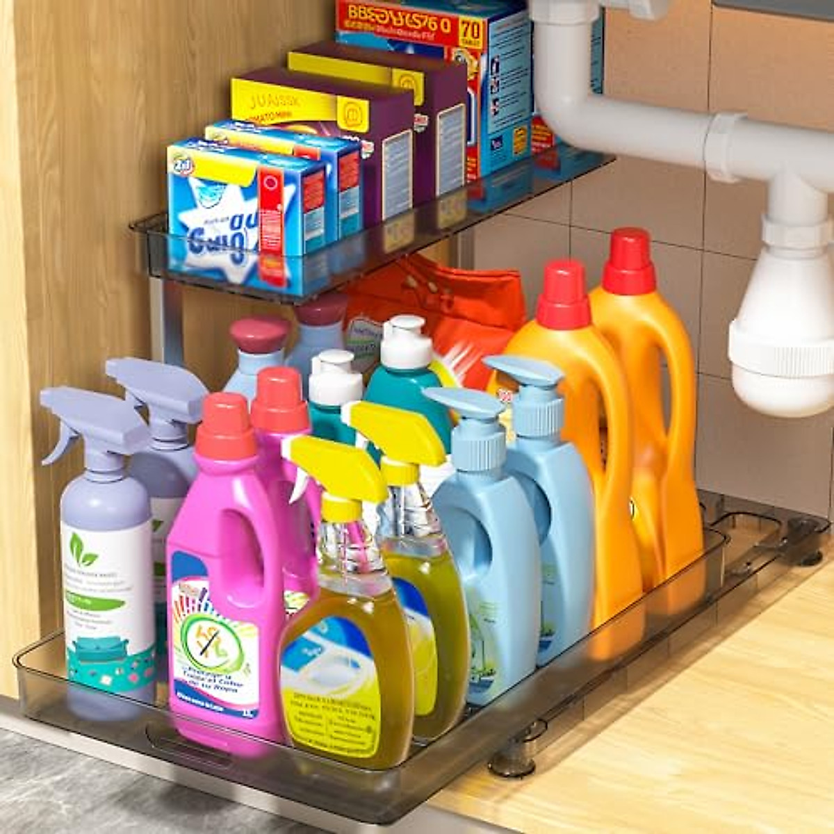 Fowooyeen Under Sink Organizer Storage: Kitchen Sink Organizer Pull Out 2-Tier Sliding Basket Drawer, Multi-Purpose Storage Shelf for Kitchen Bathroom (Black, 1 Pack)