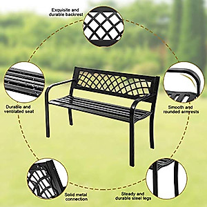 Giantex Patio Garden Bench Loveseats Park Yard Furniture Decor Cast Iron Frame Black (Black Steel W/PVC Mesh Pattern)