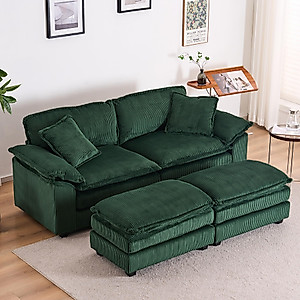 ONEMMLION 84.6" Modular Sectional Sofa Oversized Loveseat, Modern Upholstered Cloud Couch with 2 Ottoman, Comfy Corduroy Deep Seat Sleeper Sofa for Living Room, Small Space, Green