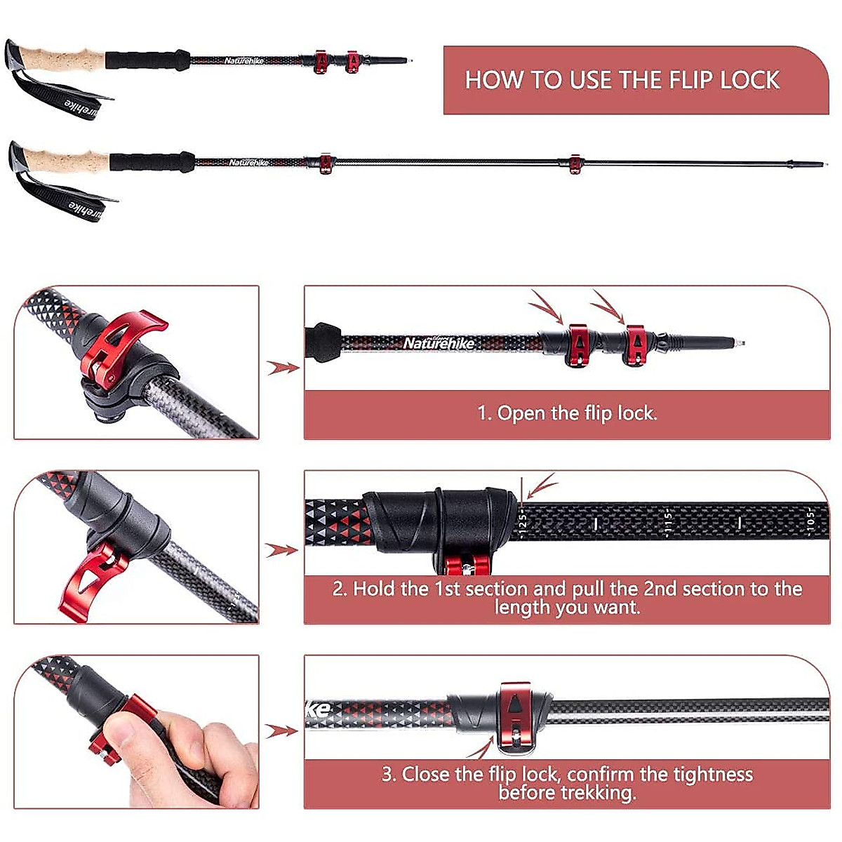 Naturehike Ultralight Trekking Poles, 100% 3K Carbon Fiber, Collapsible Hiking Poles, Telescopic Adjustable Walking Sticks for Backpacking Camping, Quick Locking, Carry Bag and Accessories Included