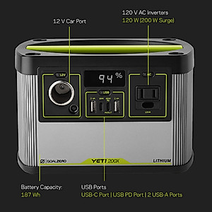 Goal Zero Yeti Portable Power Station - Yeti 200X w/ 187 Watt Hours Battery Capacity, Includes Nomad 20 Solar Panel USB Ports & AC Inverter - Solar Generator for Camping, Travel, Outdoor