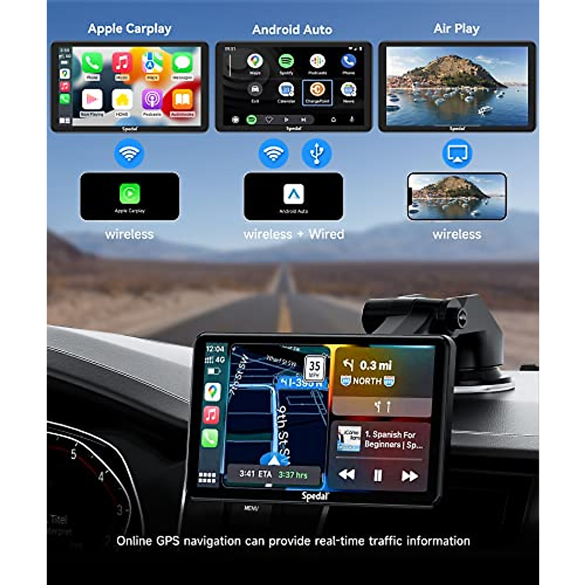 Spedal Wireless Apple Carplay & Android Auto, Portable 7 Inch IPS Touchscreen Car Stereo with Front Camera, Bluetooth Handsfree, WiFi, AirPlay, AUX/FM Transmitter Supports Most Car Models