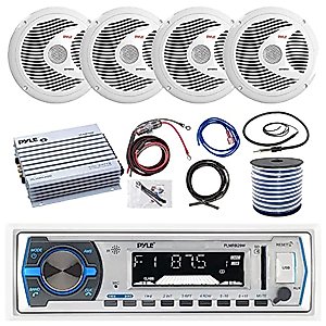Pyle 16-25' Bay Boat Bluetooth Marine Stereo Receiver, 4 x 150W 6.5'' Marine Speakers (White), 4 Channel Waterproof Amplifier, Amp Install Kit, 18 Gauge 50 FT Speaker Wire, Antenna