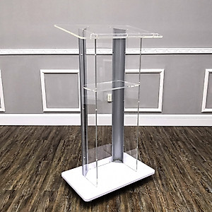 FixtureDisplays Clear Acrylic Plexiglass Podium Curved Steel Sides Church Pulpit School Lectern Debate Funeral Home Conference 14310-NF