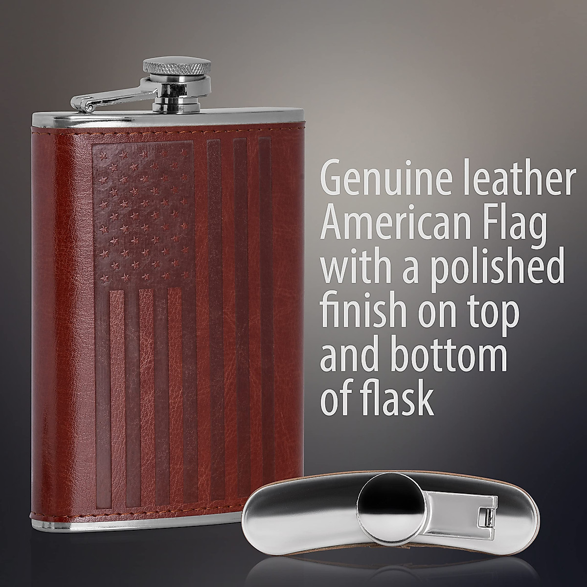 Maxam Stainless Steel Flask With Leather Embossed Flag Wrap, Lightweight Drinking Hip Flask with a Screw-On, Leak Proof Lid and Funnel, 8 Ounce Capacity