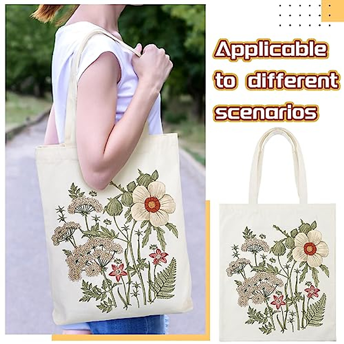 Silkfly 6 Pcs Aesthetic Canvas Tote Bag for Women Cute Tote Bag Funny Book Tote with Library Reusable Grocery Bag (Butterfly and Flower)