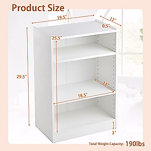 Tangkula 3 Tier Bookcase, Floor Standing Open Bookshelf with 18-Position Adjustable Shelves, Anti-toppling Device, Modern Multipurpose Display Storage Organizer for Living Room Study (White)
