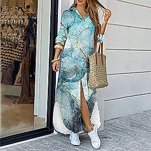 Womens Dresses 2023 Betten Down Sundress Long Sleeve V-Neck Dresses Floral Print Casual Loose Beach Mixi Light Blue XX-Large