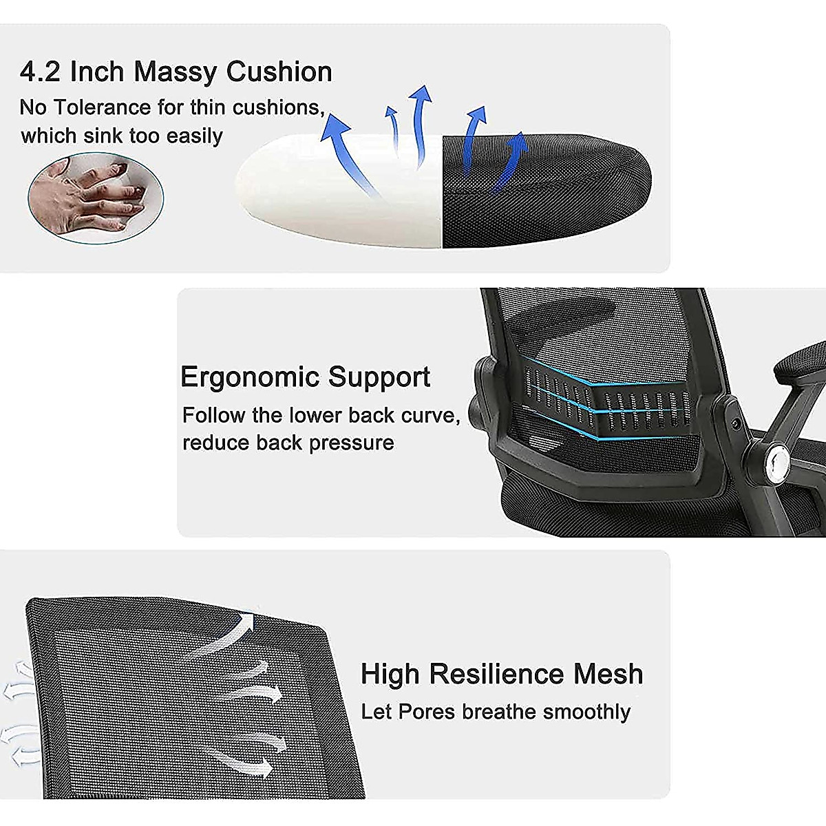 Office Chair, Ergonomic Office Desk Chair, Mesh Task Computer Chair with 90° Flip-up Arms, Lumbar Support and Height Adjustable & Thick Cushion, Black