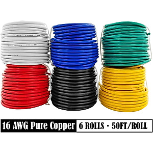 GS Power 16 AWG (American Wire Gauge) OFC Pure Copper Automotive Primary Wire 6 Roll Color Combo (50 Feet Roll, 300 FT Total) for 12V Car Audio Video Trailer Harness Wiring (Also in 14 & 18 GA Combo)