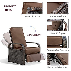 BABYLON Outdoor Wicker Recliner, Patio Recliner Adjustable Chair with 5.11" Cushions and Ottoman, UV/Rust/Weather Resistant/Aluminum Frame/Hand Woven, Brown Color