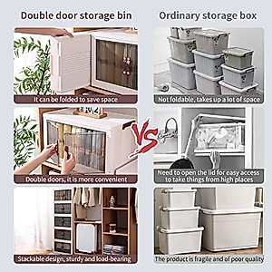 Collapsible Storage Bins with Lids Magnetic Door 55 Qt Clear Stackable Storage Bins with Wheels Plastic Storage Bins with Front Opening Folding Storage Bins for Bedroom Living Room Office(1 Pack)
