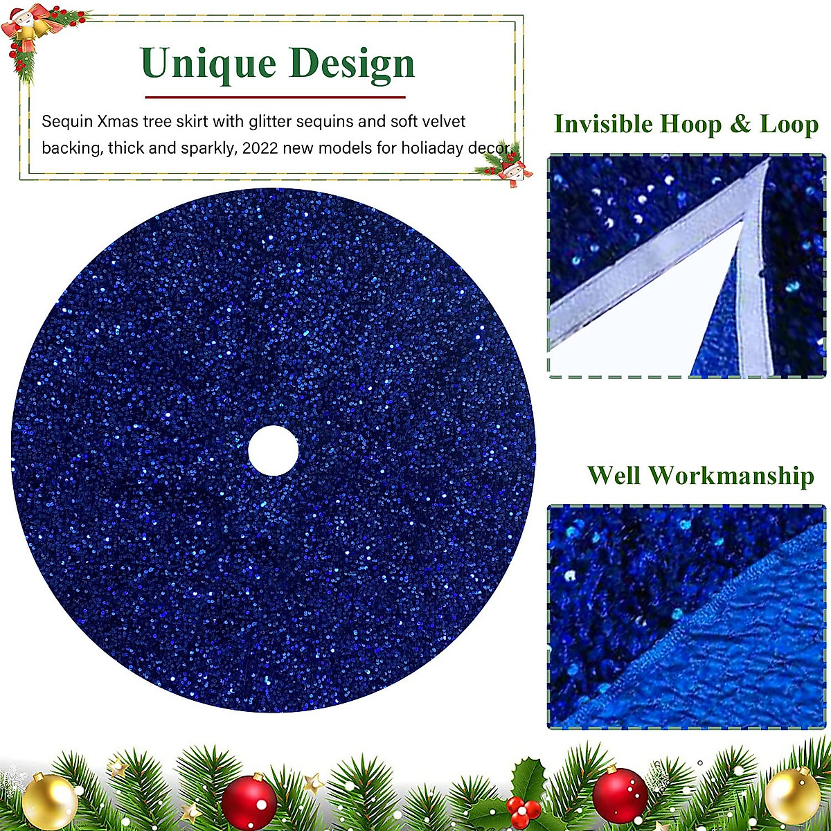 FUHSY Royal Blue 36 Inches Sequin Christmas Tree Skirt Velvet Glitter Personalized Tree Skirts Blue Tree Skirt Sparkle Christmas Skirt Tree for Halloween 6FT Christmas Tree Decorations Ornaments