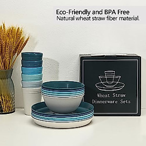 18-Piece Plates and Bowls Cups Set Wheat Straw Microwave Safe Plastic Dinnerware Set for Pasta,Cereal, Salad,Side Dishes,Kitchen, Camping, RV