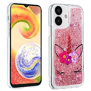MEIKONST Galaxy A04 case, Clear Soft TPU Stylish Design with Hearts Glitter Bling Quicksand Shiny Flowing Liquid Case Cover for Samsung Galaxy A04 Pink Unicorn XY