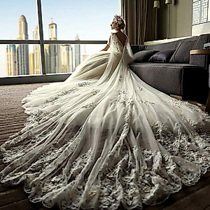 Wedding Cape Veils for Brides Tulle Ivory Cathedral Length Floral Appliques with Pin