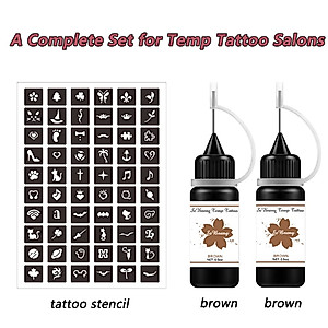 Temporary Body Art Painting Kit Temporary Tattoo Paste Natural Color Temp Tattoos Semi Permanent Freehand Gel(Plant Based) DIY Fake Freckles 60Pcs Small Tattoo Stencils Full Kit 2 Bottles(Brown)