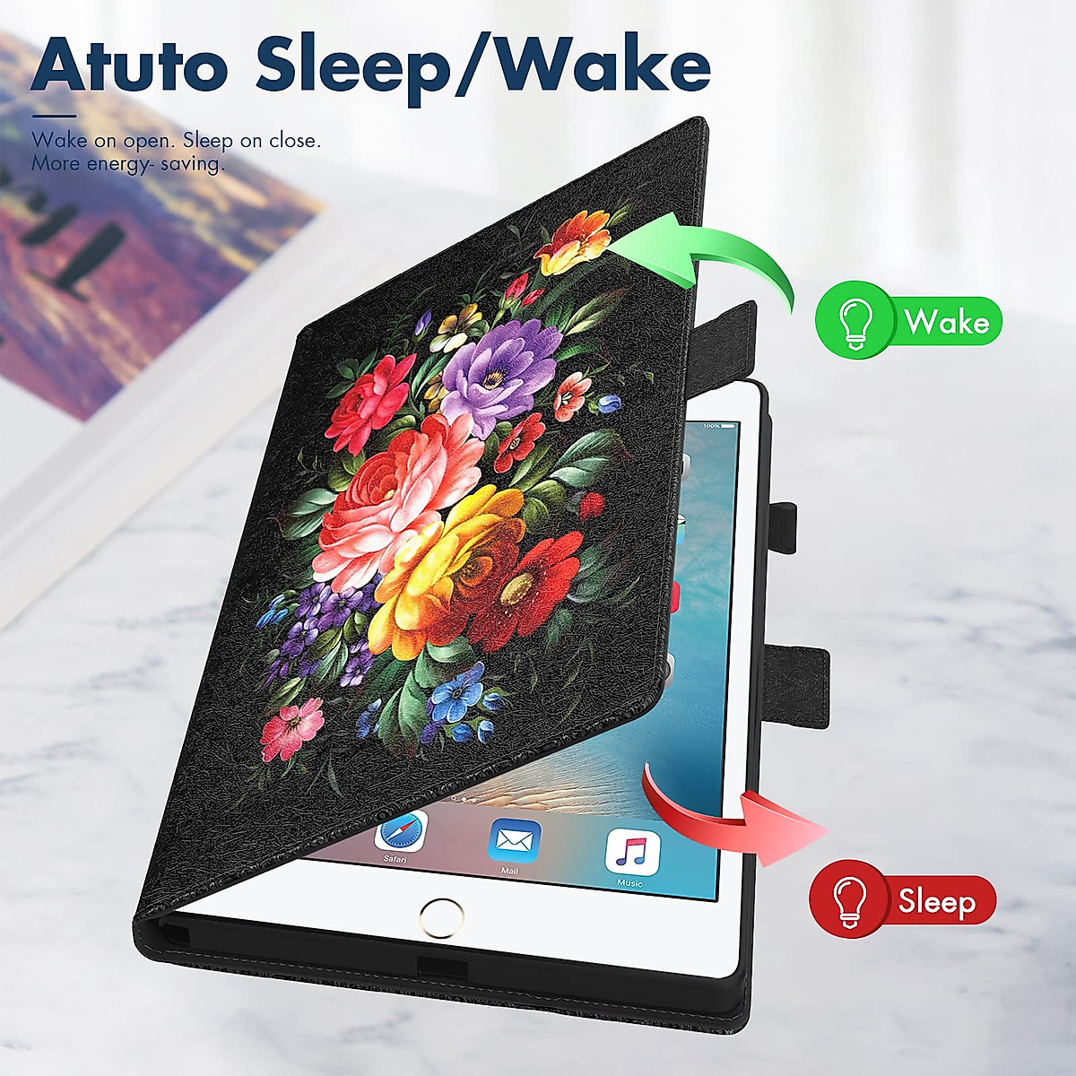 Dteck Case for iPad Mini (5th/4th Generation), iPad Mini 3/2/1 Case 7.9" - Flip Leather Smart Case with [Auto Sleep Wake/Adjustable Viewing-Stand Angle] Shockproof Protective Cover (Flowers Black)