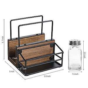 MyGift Rustic Tabletop Caddy, Brown Wood and Black Metal Wire Napkin Holder with 3 Glass Seasoning/Salt and Pepper Shakers