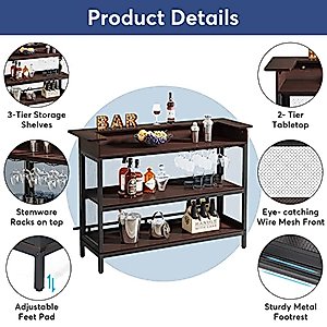 Tribesigns Industrial Home Bar Unit, 3 Tier Liquor Bar Table with Stemware Rack and Wine Storage Display Shelf, Mini Bar Cabinet with Glass Holder Footrest and Mesh Front