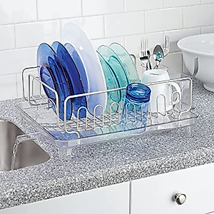 mDesign Large Metal Wire Kitchen Countertop, Sink Dish Drying Rack with Removable Plastic Cutlery Tray Caddy and Drainboard with Adjustable Swivel Spout - 3 Pieces - Satin/Clear