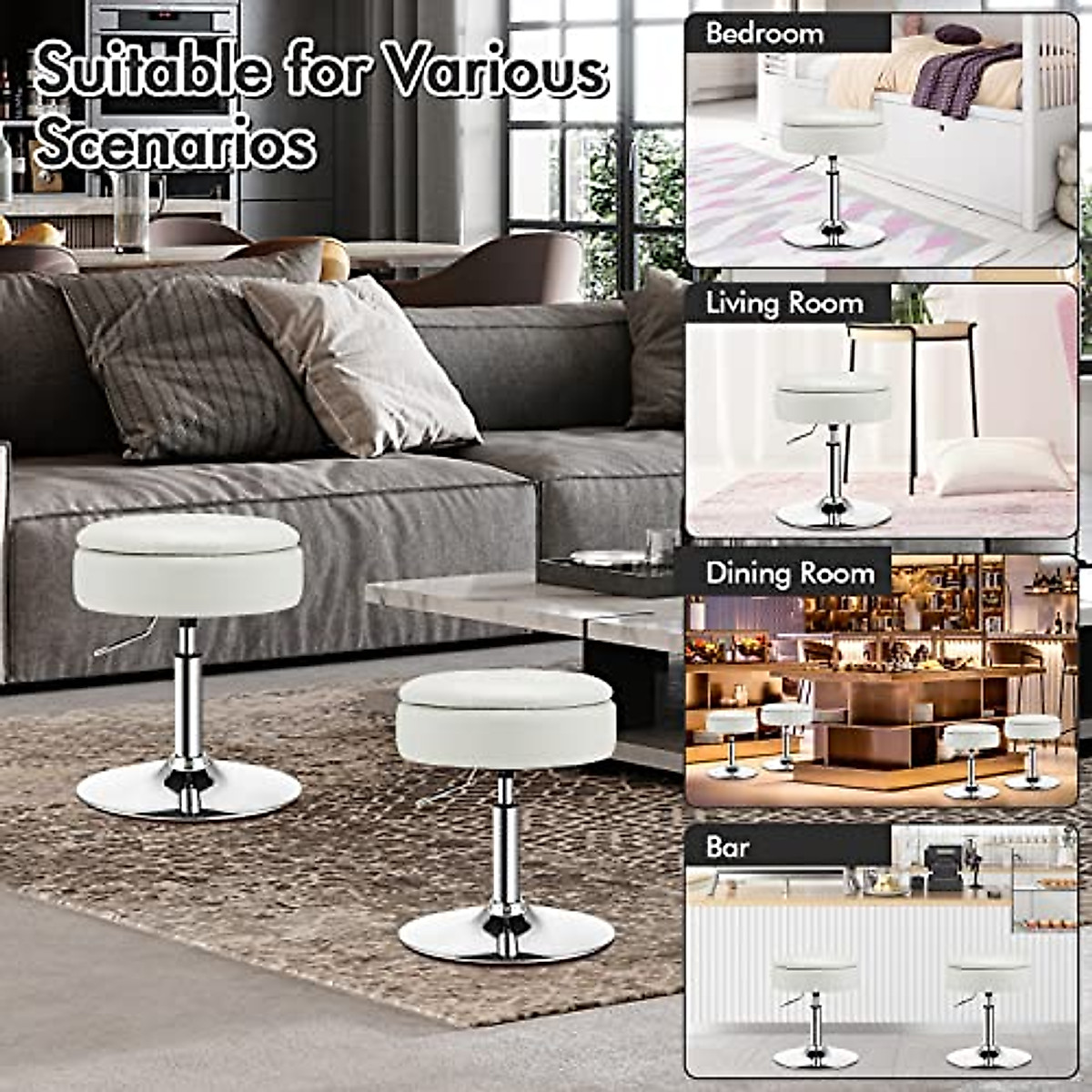 COSTWAY Counter Height Bar Stool, Tufted PU Leather 20"-26" H Adjustable Swivel Vanity Chair with Removable Tray Top and Storage Space, Modern Round Ottoman for Makeup Kitchen Island Shop, White
