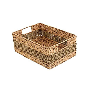 Natural Water Hyacinth storage basket with Handle, Rectangular Wicker Basket for Organizing, Decorative Wicker Storage Basket for Living Room, Large Woven Baskets for Storage