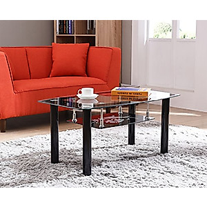 Hodedah Two Tier Rectangle Tempered Glass Coffee Table, Black