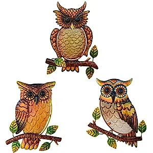 NewVees Owl Decor Metal Wall Art Outdoor Indoor,9 Inch Set of 3,Exquisite Owl Decorations for Home Garden Patio Porch Bedroom Kitchen, Metal Bird Wall Art,Owl Gifts for Owl Lovers