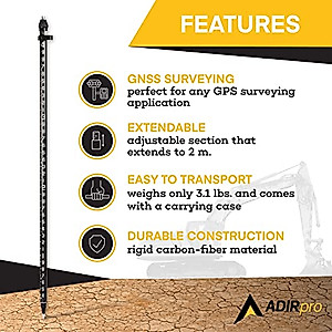 AdirPro 3-Position Snap-Lock Rover Rod – Carbon Fiber GPS Pole – 1 Piece Design with Outer GT Graduations for Land Surveying & Engineering - RTK GPS/GNSS Accessory
